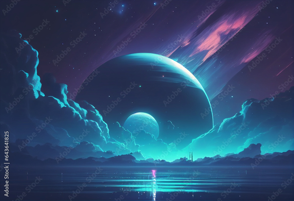 Neptune in sky at night background asset game 2D futuristic generative ...