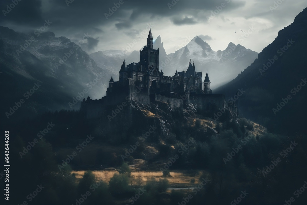 Dark gothic castle in valley and rocky mountains on background generative ai Stock Illustration ...