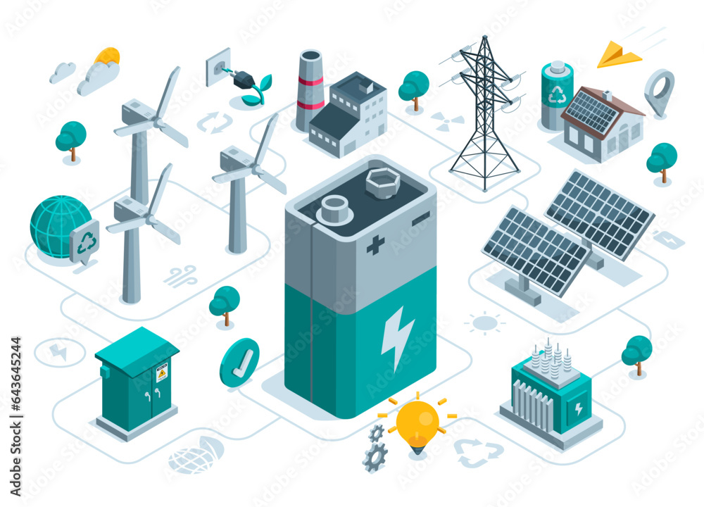 isometric concept on the topic of clean energy from the sun and wind in ...