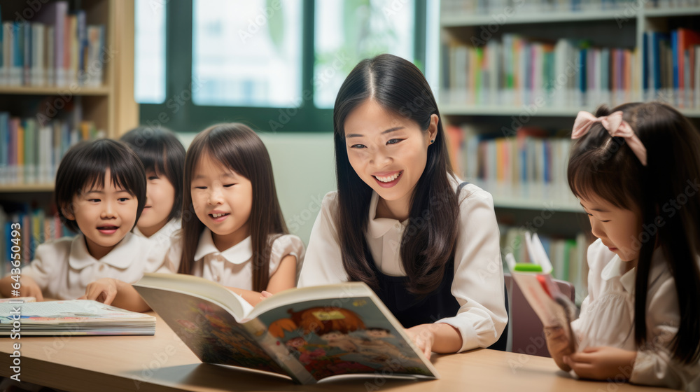 Nursery teacher reading book aloud to children in a kindergarten group ...