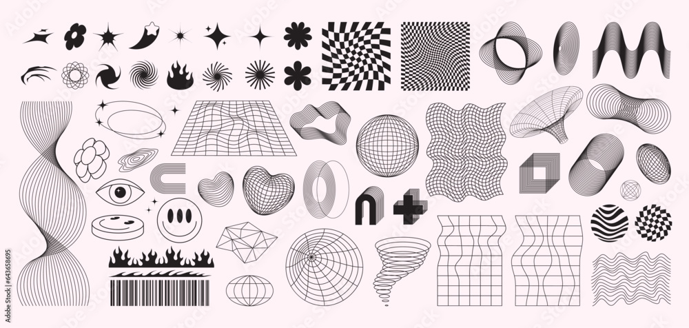 Poster Vector set of retro futuristic shapes, icons and grids in black ...