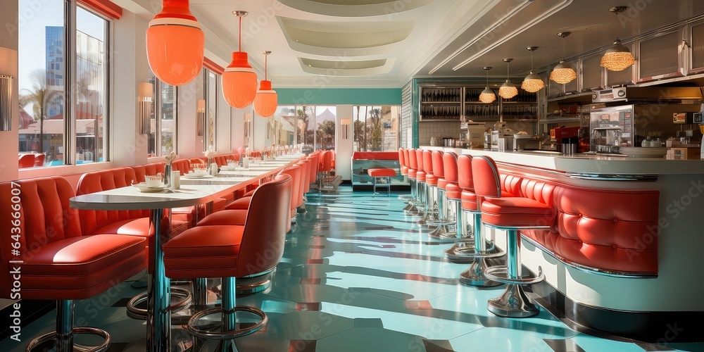 Retro cafe, american diner interior with tables, red sofas Stock Photo ...