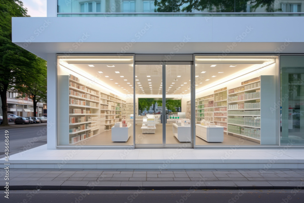 Modern pharmacy storefront with a clear window revealing the interior ...