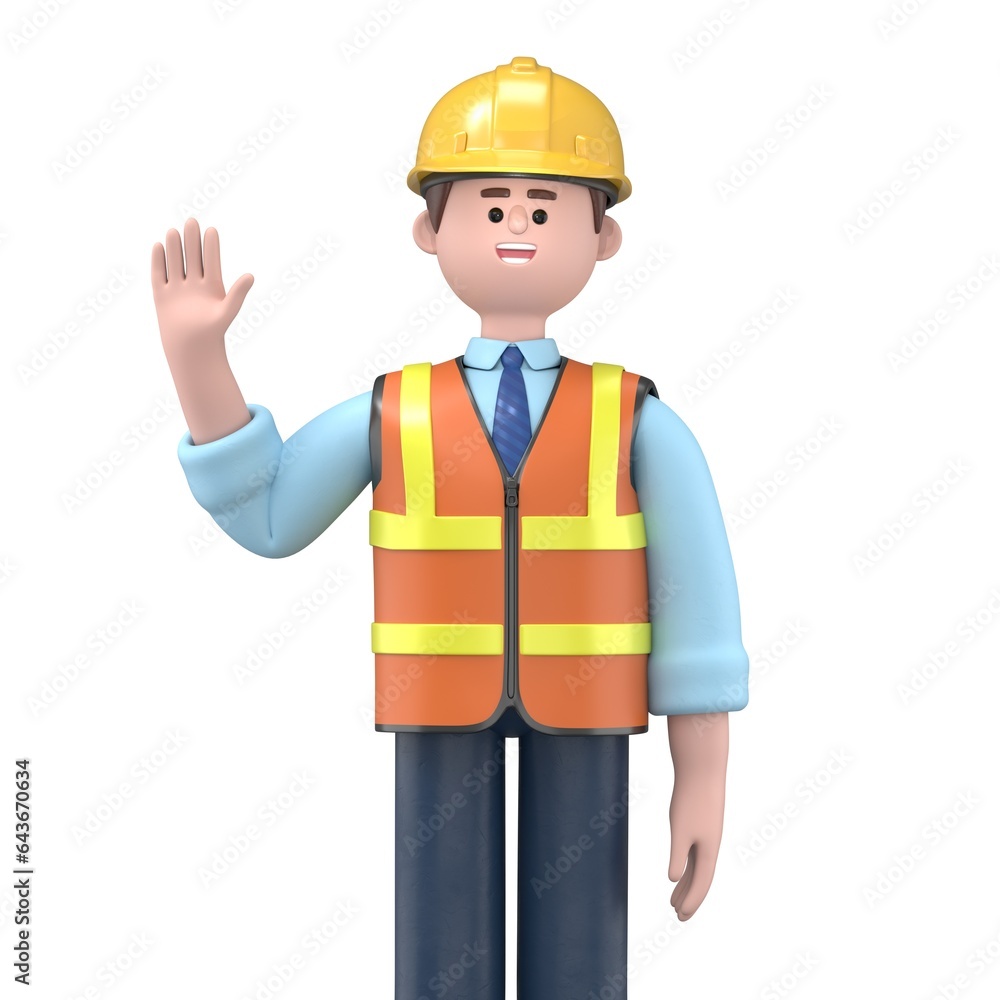 3D illustration of a happy greeting gesture male engineer Owen waving ...