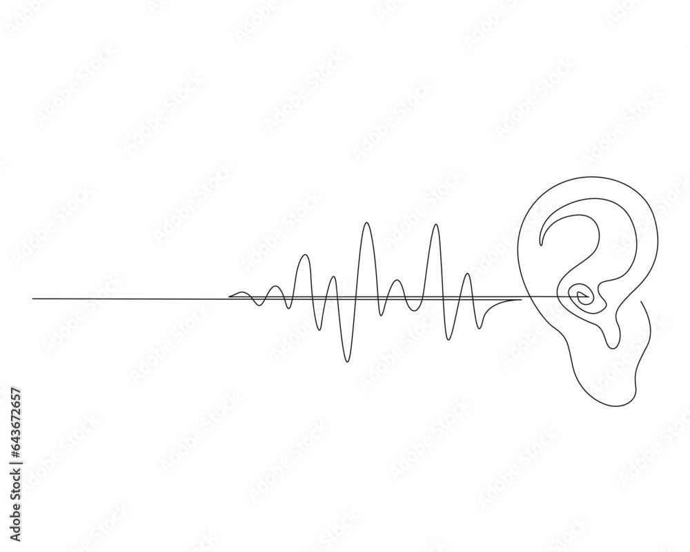 Continuous one line drawing of human ear with audio waves. Human ear ...