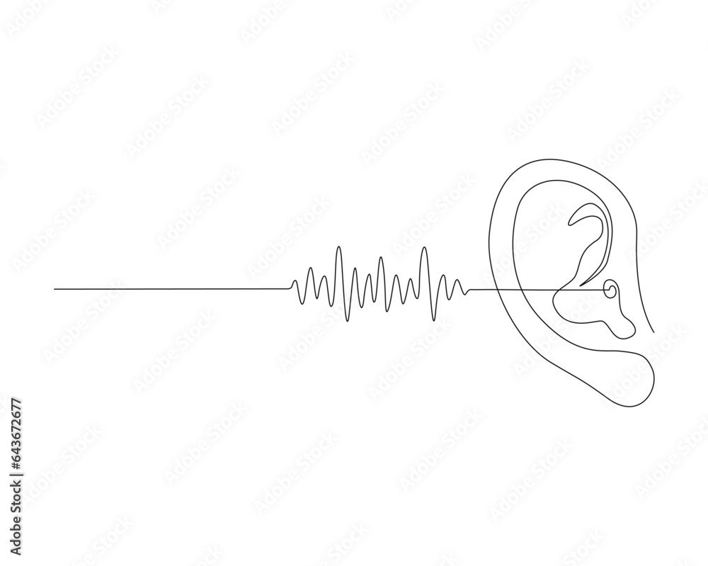 Continuous one line drawing of human ear with audio waves. Human ear ...