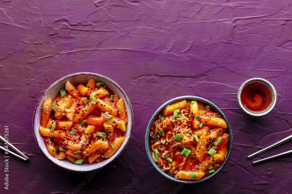 Tteokbokki or topokki and rabokki, Korean street food, spicy rice cakes ...