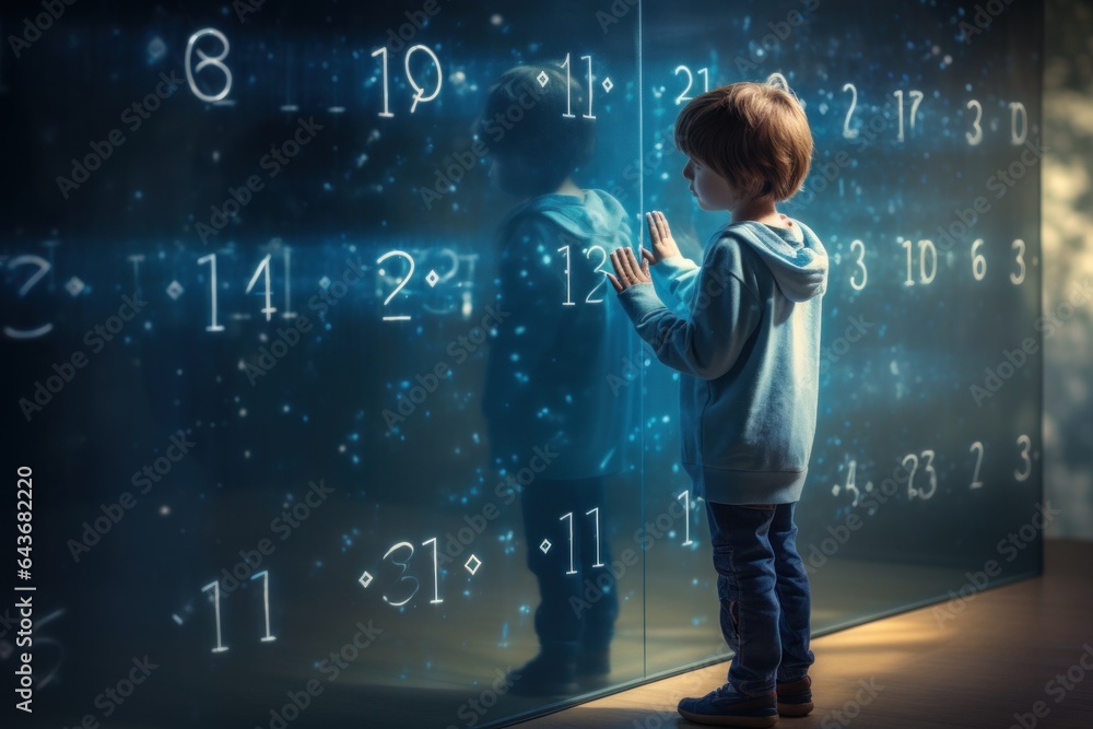 Boy with autism touching the transperant wall with numbers, child ...