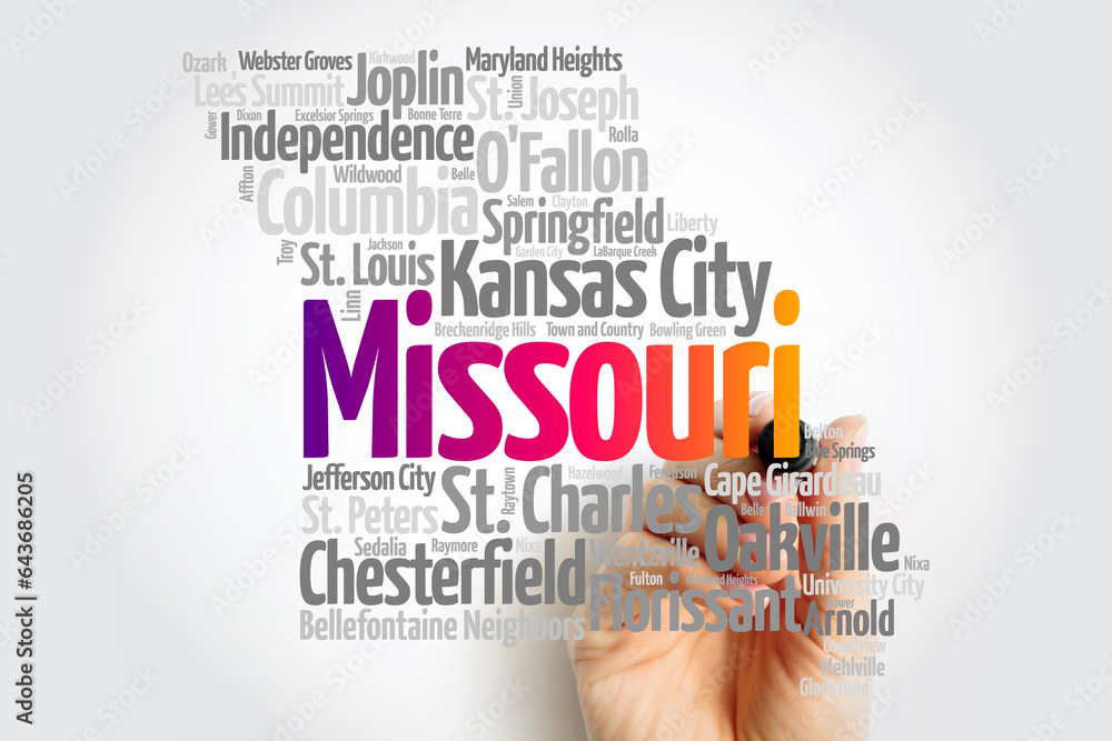 List of cities in Missouri USA state, map silhouette word cloud, map ...
