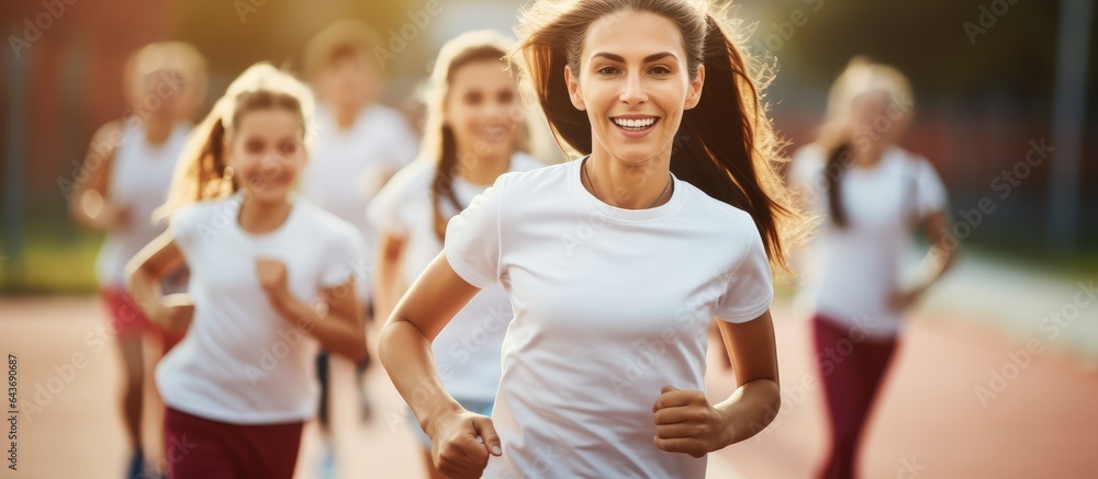 Female gym teacher exercising with students during PE class in school ...