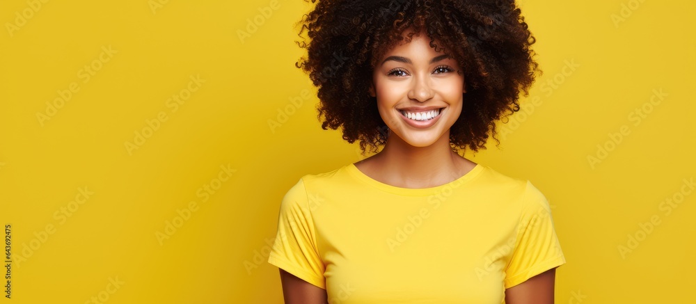 Curly Haired African American Woman With Positive Expression Pointing