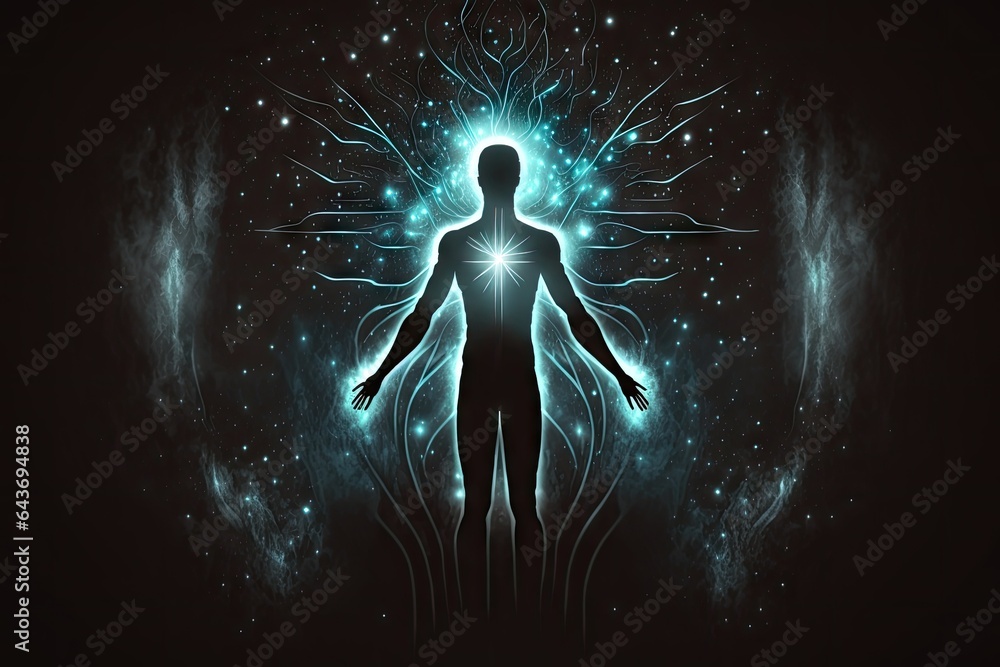 Digital composite of highlighted human body with energy rays and blue ...