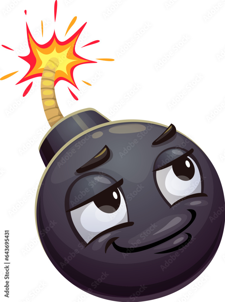 Cartoon bomb character. Explosive, weapon personage with a dreamy ...