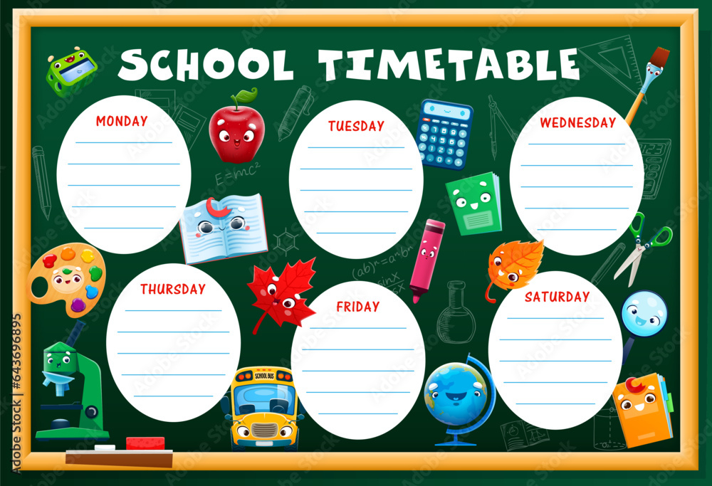 Education timetable schedule with cartoon school stationery characters ...