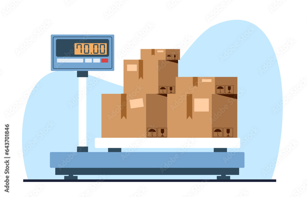 Weighing cardboard boxes with load on floor electronic scale. Warehouse ...