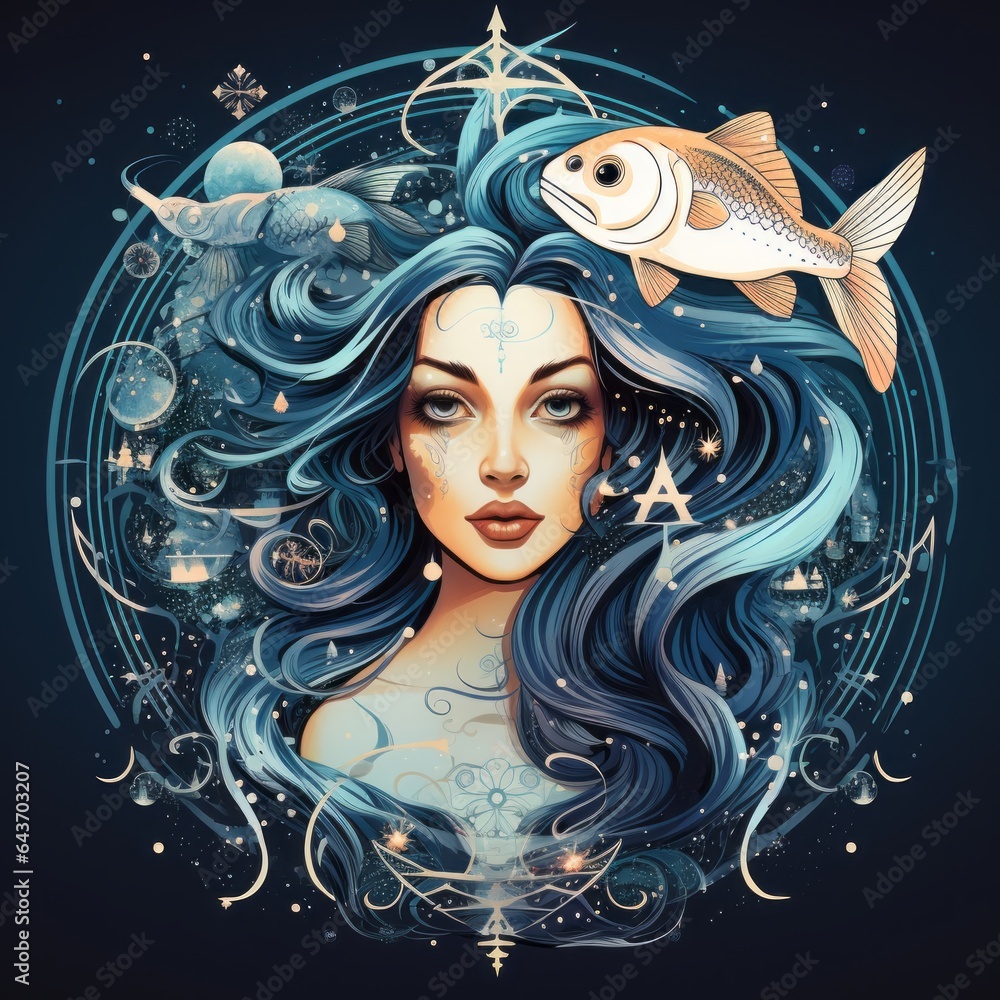 Illustration of the Pisces zodiac sign as a beautiful woman with fish ...