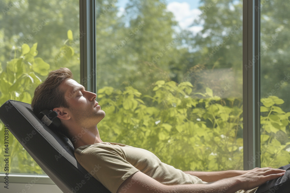 Person takes a break after prolonged computer work. Relaxation after ...