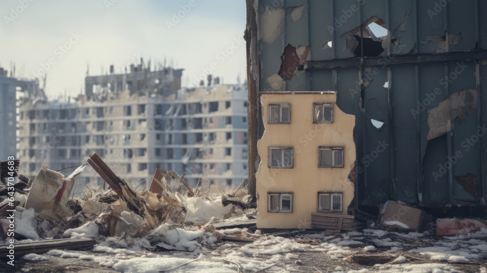 Apartment building in ruins, war torn cityscape, broken and destroyed ...