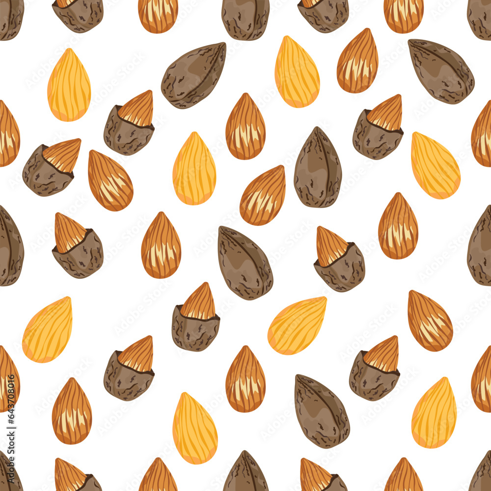 Seamless vector pattern with Almonds peeled and almond leaves In ...
