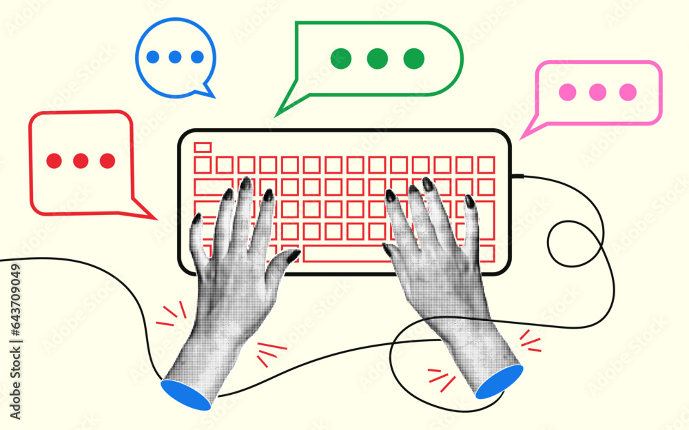 Hands are typing on the keyboard. View from above. Retro collage with ...