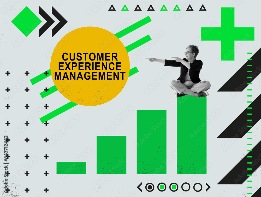 Customer experience management. Collage with a woman who speaks loudly ...