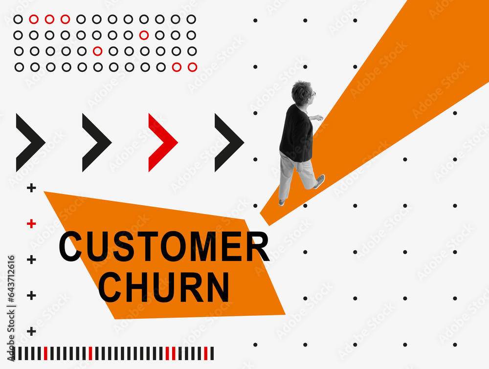 Collage with departing client as a symbol of customer churn. Stock ...