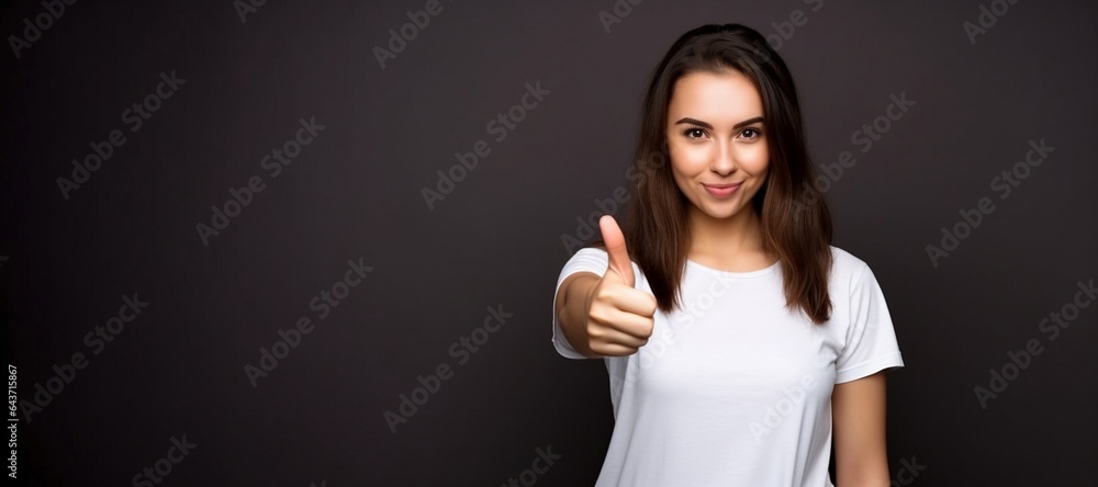 female model giving thumbs up sign on plain grey background for mock up ...