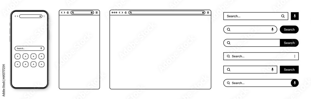 Smartphone, web browser, internet page window with toolbar and search ...