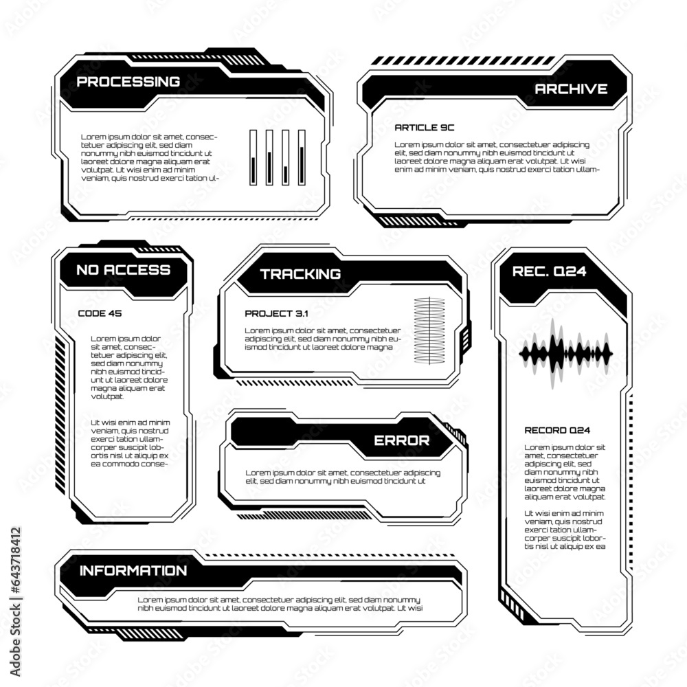 Black futuristic HUD, UI elements. Sci-fi user interface text boxes ...