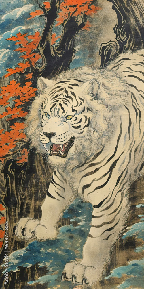 Japanese Ukiyo-e White Tiger Illustration,A White Tiger in a ...