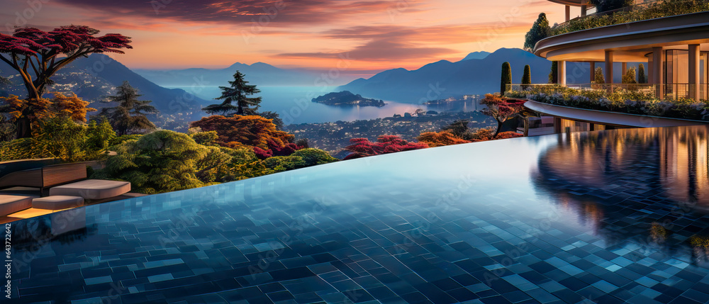 An infinity pool overlooking mountains and ocean. The pool is in a ...