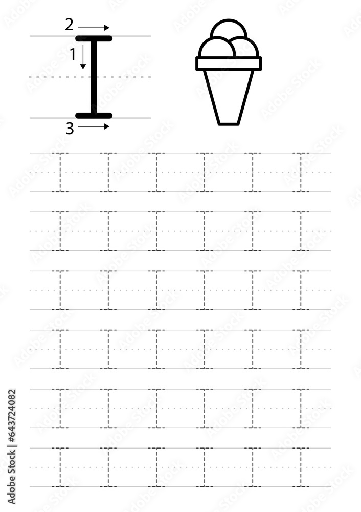 Printable letter I alphabet tracing worksheet Stock Vector | Adobe Stock
