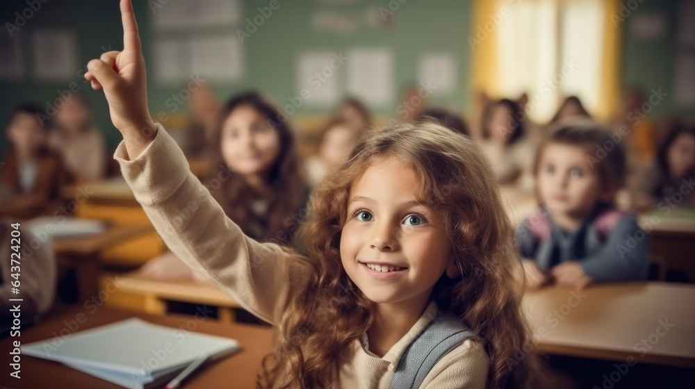 Little girl in school classroom raising hand up to answer teacher ...