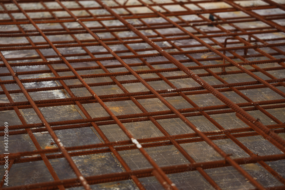 rusty Reinforcement steel bars in perspective. Steel Reinforcement ...