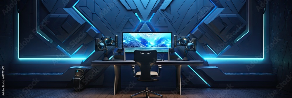 interior of an empty esports gaming den with computer, chair, desk ...