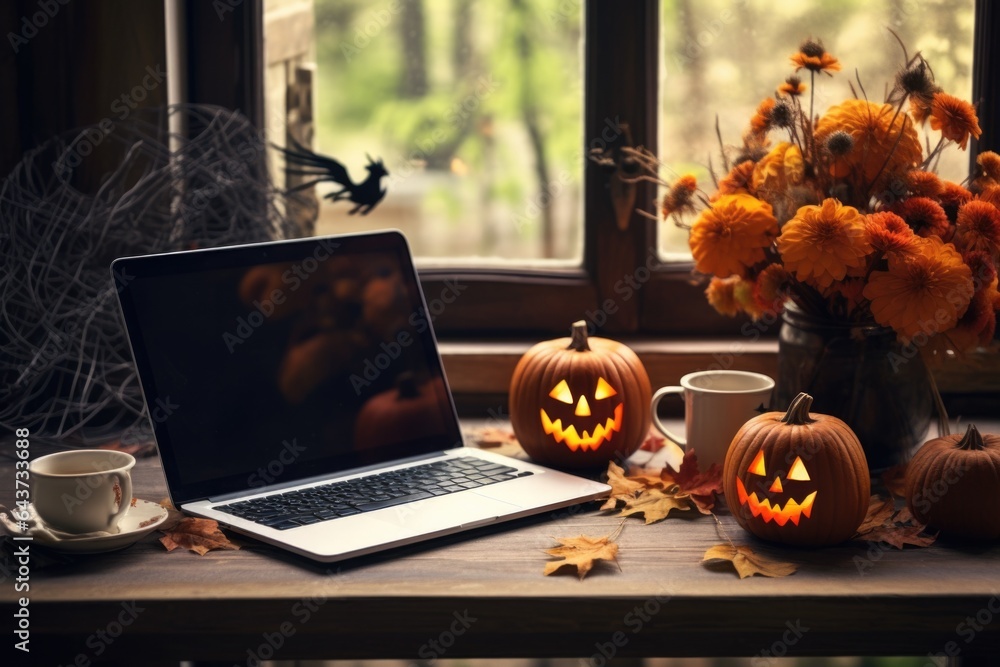 Laptop Happy Halloween pumpkins on table workspace background, computer ...