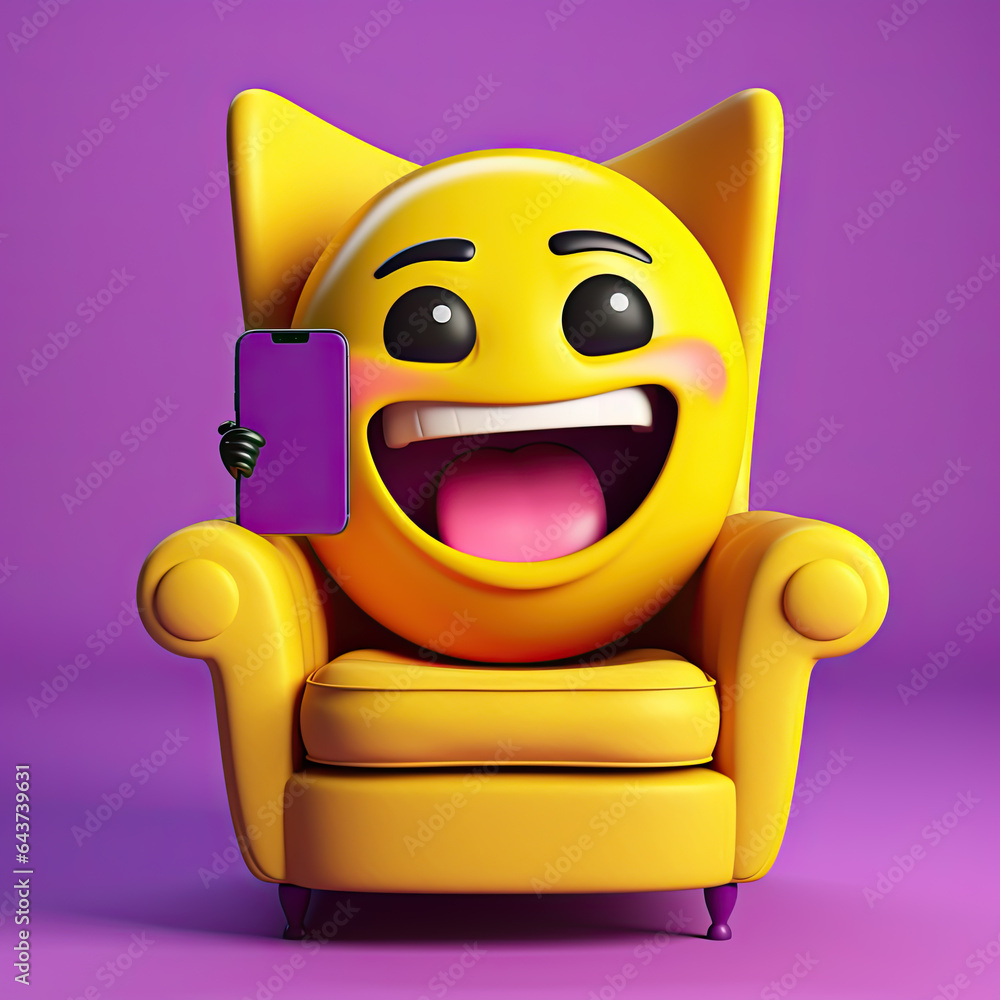 Smiley emoji sitting in an armchair with a smartphone. Concept of ...
