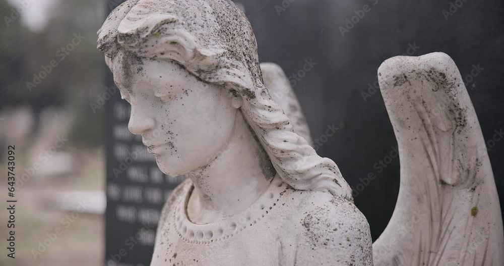 Graveyard, burial and angel tombstone in cemetery for death ceremony ...