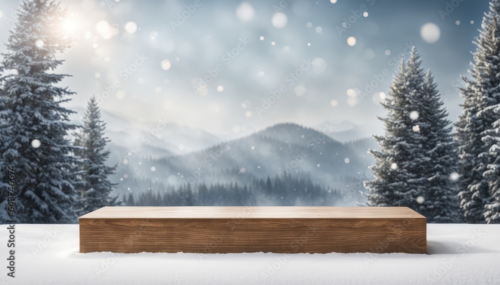 Empty Blank Wooden Podium Stand Platform Falling Snow Winter Wonderland ...