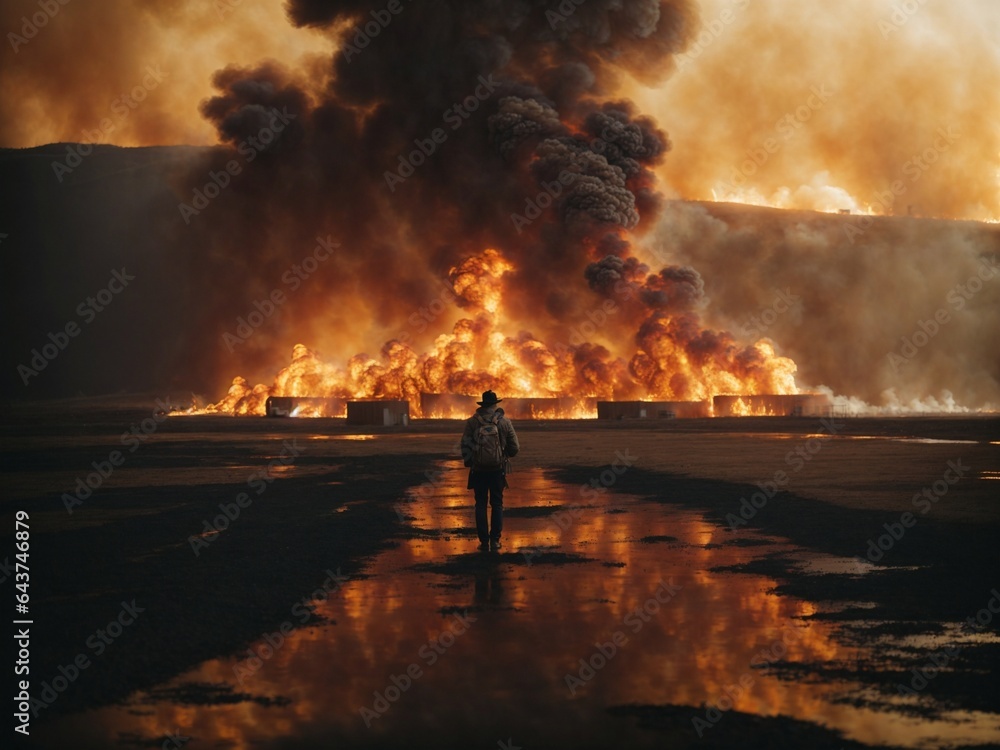 Man walking towards huge fire, man staring at huge fire, wildfire black ...