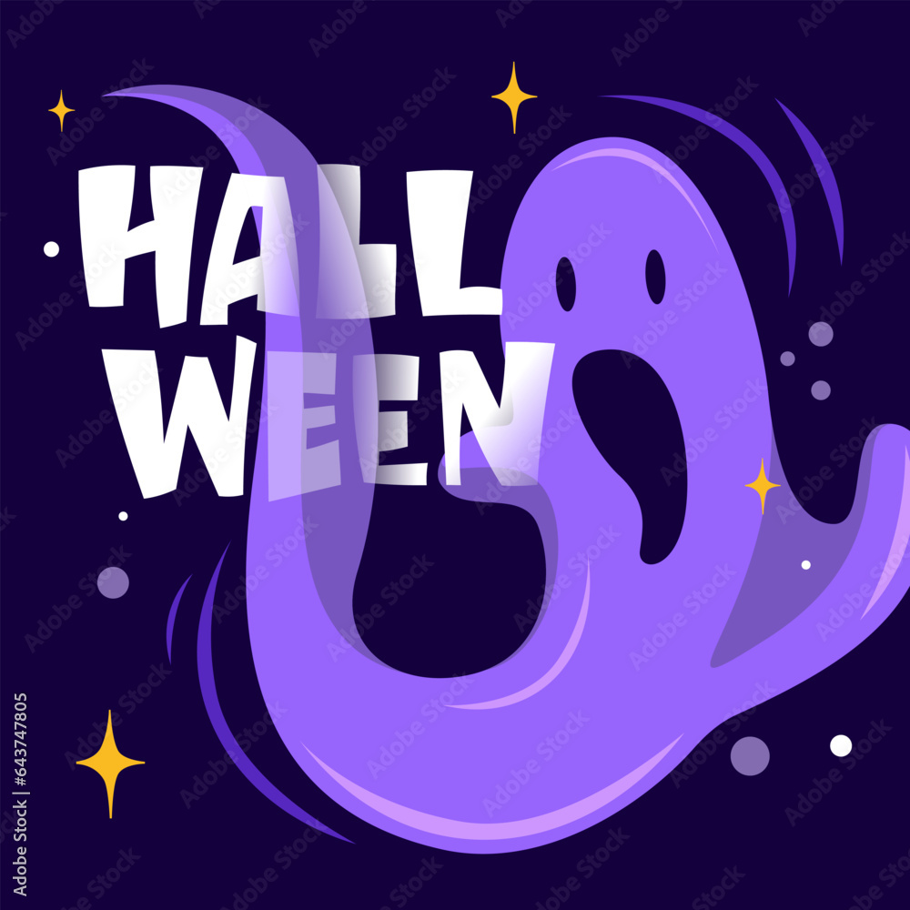 Vector Halloween Greeting Hand Draw Text Illustration Cartoon Ghost On Dark Background A