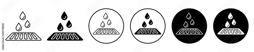 Drain icon set. sewer rain water drainage vector symbol in black filled ...