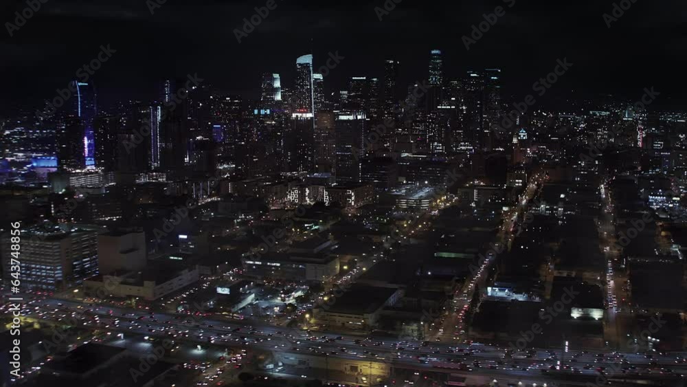 Lightning Storm Strike over Downtown LA at Night. Aerial View of Los ...