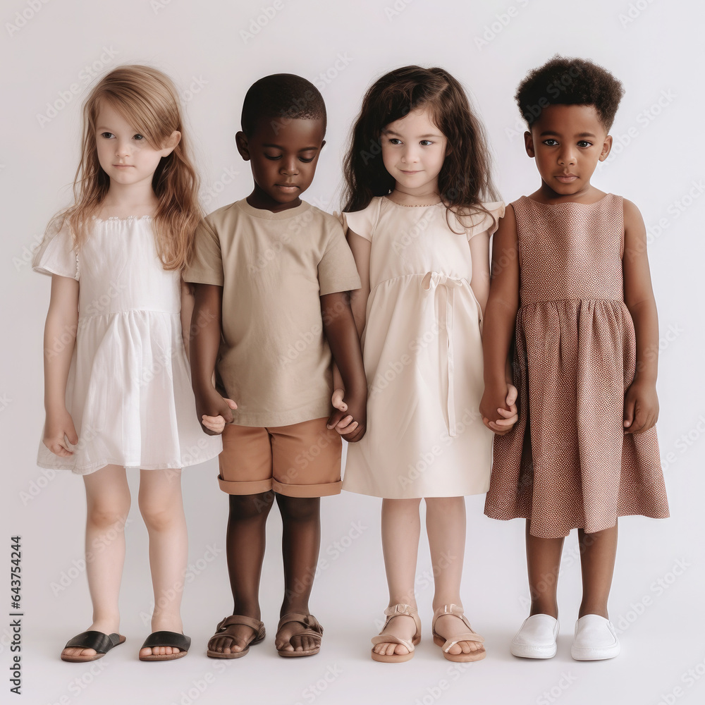 Generative AI, children of different races and nationalities hold hands ...