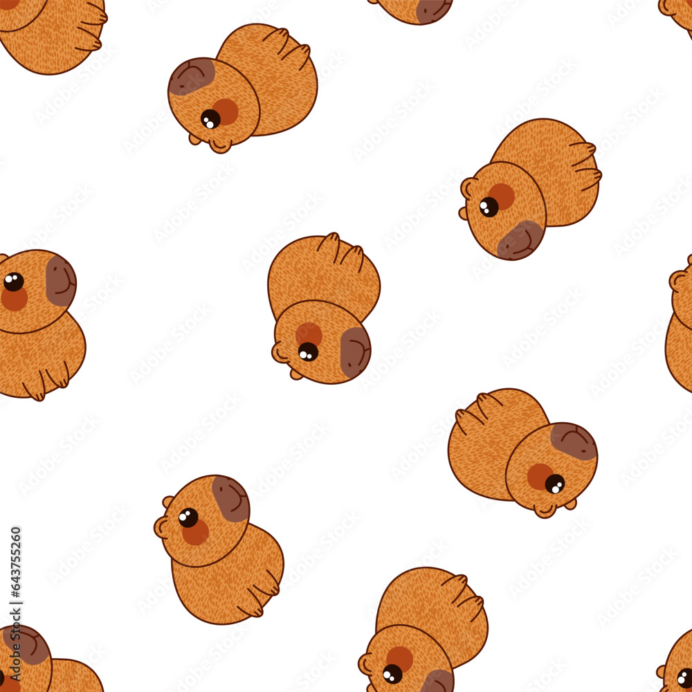 Cute capybaras seamless pattern. Happy relaxing capibara characters with hand drawn texture ...