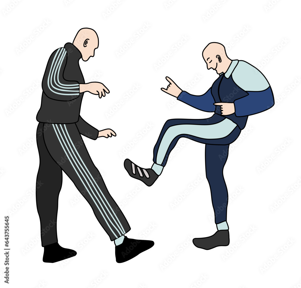 Gabbers dancing hakkuh dance. Gabba style. Men with shaved head in ...