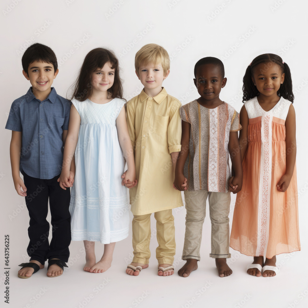 Generative AI, children of different races and nationalities hold hands ...