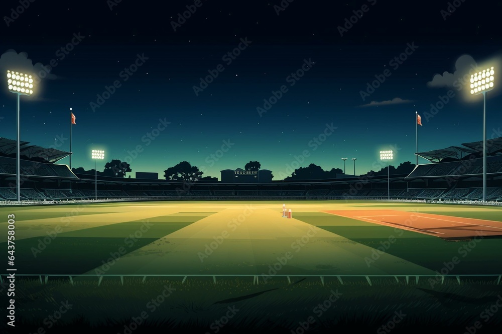 Side view of a cricket field at night with stadium lights on ...