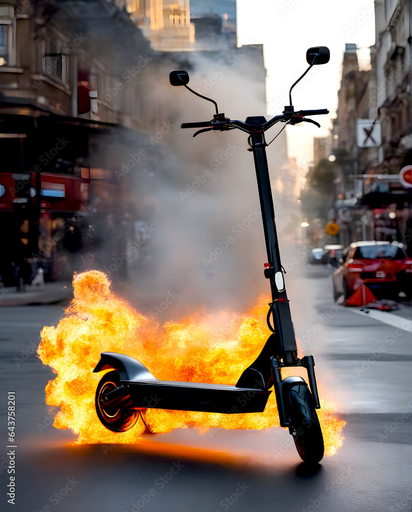 Lithium battery explosion in electric scooter - ai generated Stock ...
