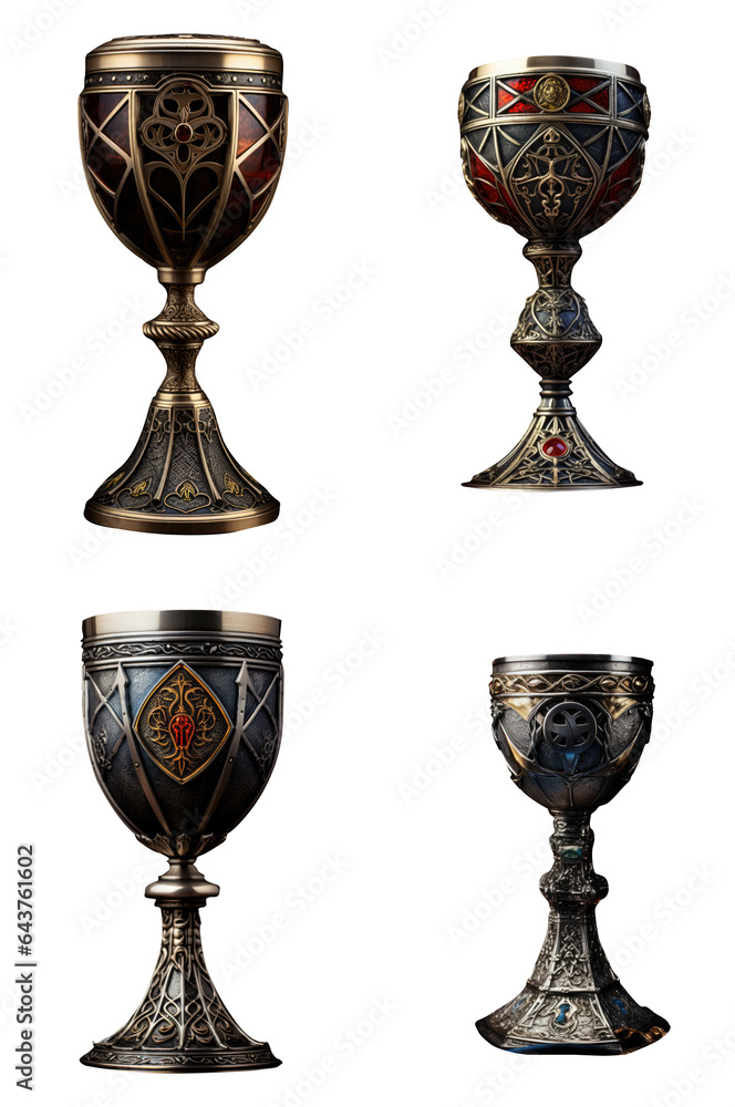 collection of fantasy medieval chalice. chalices set against a ...